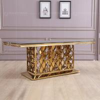 China Qiancheng ODM Tempered Glass Dining Table Golden Stainless Steel For Wedding for sale