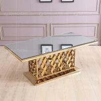 China Qiancheng ODM Tempered Glass Dining Table Golden Stainless Steel For Wedding for sale