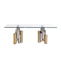 China Modern 12mm Thick Tempered Glass Top Dining Table With Stainless Steel Base for sale