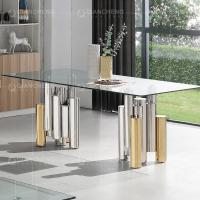 China Modern 12mm Thick Tempered Glass Top Dining Table With Stainless Steel Base for sale