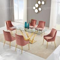 China Rectangular Width 35inch Tempered Glass Dining Table Gold Metal Legs for sale
