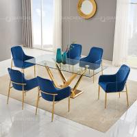 China Rectangular Width 35inch Tempered Glass Dining Table Gold Metal Legs for sale