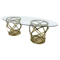 China Oval Shape Tempered Glass Dining Table 240x120x75cm White Reeded Pillar for sale