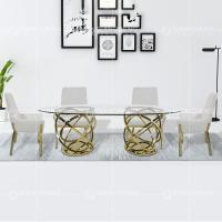 China Oval Shape Tempered Glass Dining Table 240x120x75cm White Reeded Pillar for sale