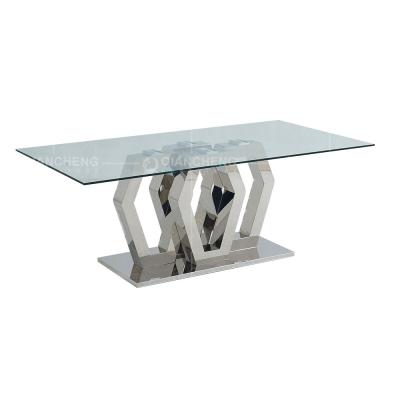 China Geometric Form 12mm Metal Frame Glass Top Dining Table 200cm Glass Dining Table for sale