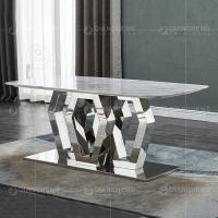 China Geometric Form 12mm Metal Frame Glass Top Dining Table 200cm Glass Dining Table for sale