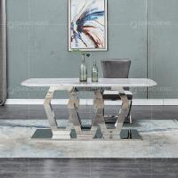 China Geometric Form 12mm Metal Frame Glass Top Dining Table 200cm Glass Dining Table for sale