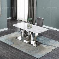 China Geometric Form 12mm Metal Frame Glass Top Dining Table 200cm Glass Dining Table for sale