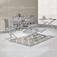 China 66kg 8 Seater Glass Dining Table With Steel Legs Rectangular Shape for sale