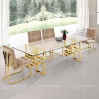 China Modern 200cm Tempered Glass Dining Table Set 6 Chairs Stainless Steel Base for sale
