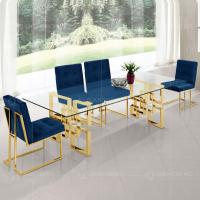 China Modern 200cm Tempered Glass Dining Table Set 6 Chairs Stainless Steel Base for sale