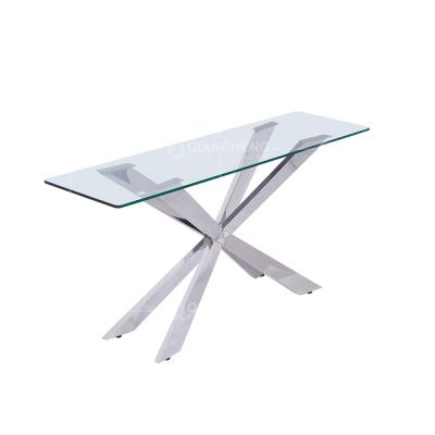China Qiancheng Glass Transparent Console Table Mirrored Chrome Stainless Steel Sofa Table for sale
