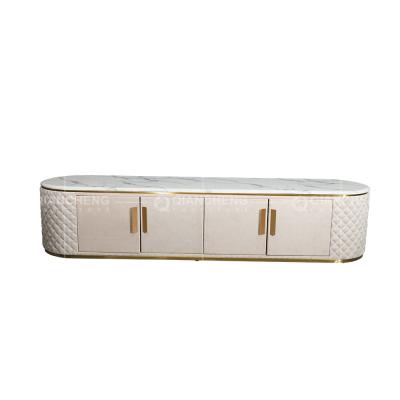 China White PU Cover 20mm Marble Top TV Stand Gold Decoration With MDF Drawer for sale