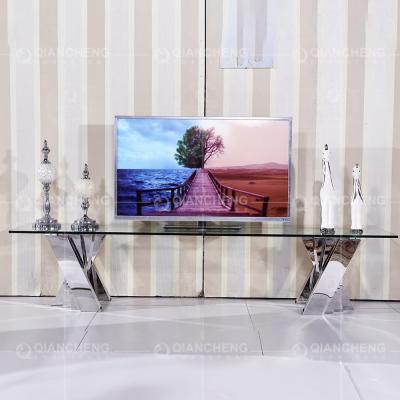 China Clear 12mm Stainless Steel TV Stand Tempered Glass Top Living Room Furniture for sale