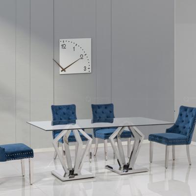 China Custom Eight Seater Clear Tempered Glass Top Dining Table for sale