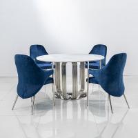 China Luxury Round Dining Room Tables With Faux Marble Top Metal Base Brushed Gold for sale