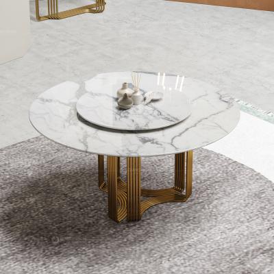 China Luxury Round Dining Room Tables With Faux Marble Top Metal Base Brushed Gold for sale
