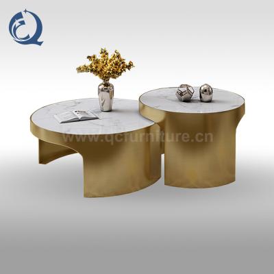 China Stainless Steel Coffee Table Set Brushed Champagne Gold 11mm Sintered Stone On Top for sale
