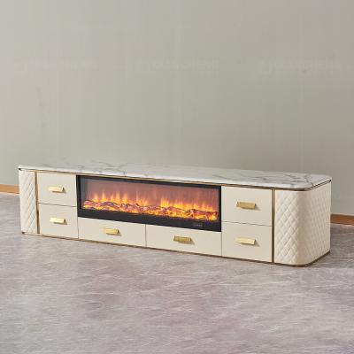 China White Beige MDF Stainless Steel TV Stand 78 Inch Faux Stone Media Unit 4 Doors Open Compartment Curved Corners for sale