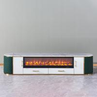 China 201 Stainless Steel TV Stand 78''  Leather Upholstered Oval Stone With Storage Fireplace 3D Electric LED Flame Wooden for sale