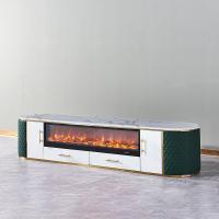 China 201 Stainless Steel TV Stand 78''  Leather Upholstered Oval Stone With Storage Fireplace 3D Electric LED Flame Wooden for sale