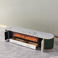 China 201 Stainless Steel TV Stand 78''  Leather Upholstered Oval Stone With Storage Fireplace 3D Electric LED Flame Wooden for sale