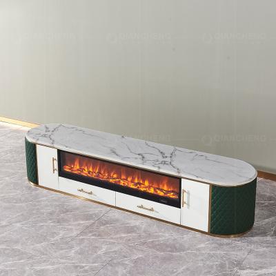 China 201 Stainless Steel TV Stand 78''  Leather Upholstered Oval Stone With Storage Fireplace 3D Electric LED Flame Wooden for sale