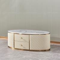 China Beige Coffee Dining Table With 2 Drawers 20mm Faux Marble On Top Golden Stainless Steel Legs for sale