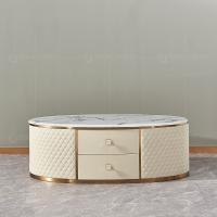 China Beige Coffee Dining Table With 2 Drawers 20mm Faux Marble On Top Golden Stainless Steel Legs for sale