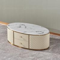 China Beige Coffee Dining Table With 2 Drawers 20mm Faux Marble On Top Golden Stainless Steel Legs for sale