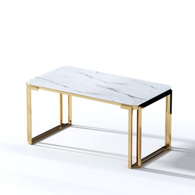 China Rectanagle Marble Stick Top SS Dining Table White Color Mirror Gold Leg for sale