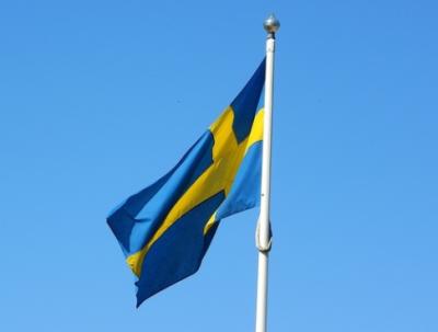 China Sweden Flag Silk Screen Printing CMYK Color Knitted Polyester for sale