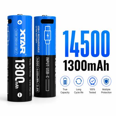 China XTAR 14500 1300mAh USB-C Rechargeable Li-ion Battery, 3.6V Protected Lithium Battery with Direct Type-C Charging, 3A High Output for Flashlights & Headlamps for sale