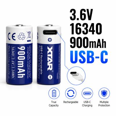 China 16340 USB-C Rechargeable Battery with 900mAh High Capacity, 500+ Recharge Cycles, and 2.7A Max Discharge for OEM Applications for sale