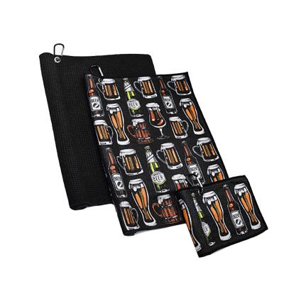 China Custom Printed Logo Microfiber Waffle Golf Towel With Hook And Clip for sale