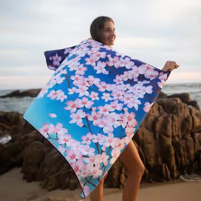 China Custom Made Logo Private Label Digital Printing Sublimated Green Leaf Design Microfiber Beach Towels for sale