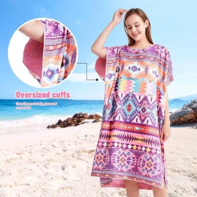 China Sand Proof Quick Dry Custom Printed Suede Microfiber Poncho Towel Robe Hooded Swimming Beach Towel for sale