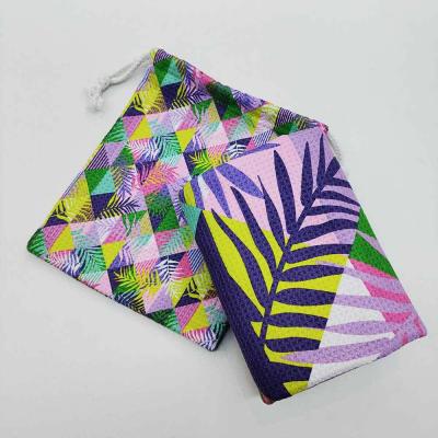 China 350gsm-470gsm Custom Made Logo Private Label Digital Printing Sublimated Green Leaf Design Microfiber Waffle Printed Beach Towels for sale