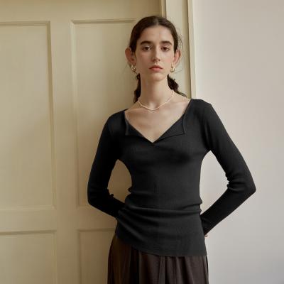 China French gentle style women’s slim inner top warm long sleeves wool V-neck knitwear for sale
