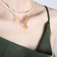 China French vintage freshwater pearl chain titanium steel gold-plated double-layer clavicle necklace for sale