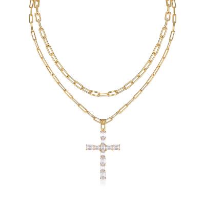 China S925 Silver Layered Necklace with Moissanite Cross Pendant for sale