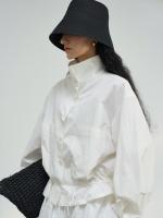 China Stand-Up Collar Creased Drawstring Waist Loose Jacket for sale