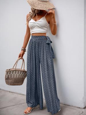 China Tie waist casual wide legged loose lace-up printed pants for sale