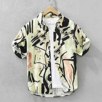 China Vintage print short-sleeved linen shirt for sale