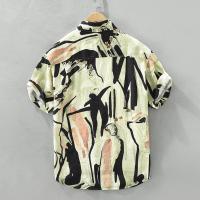 China Vintage print short-sleeved linen shirt for sale