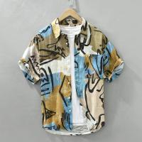 China Vintage print short-sleeved linen shirt for sale
