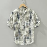 China Vintage print short-sleeved linen shirt for sale
