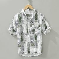 China Vintage print short-sleeved linen shirt for sale
