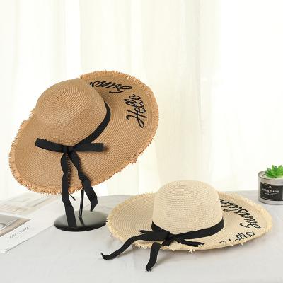 China Custom logo wide brim summer beach straw floppy hat for woman for sale