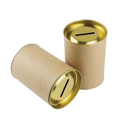 China Custom Cylinder Kraft Paper Piggy Bank Paper Tube With Metal Lid for sale